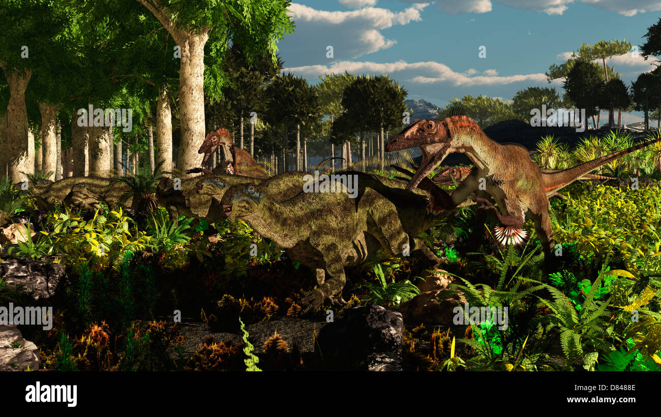 Utahraptors hunting the early iguanodonts, Tenontosaurus Stock Photo - Alamy