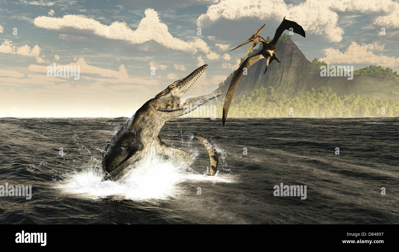 A Tylosaurus jumps out of the water, attacking a Pteranodon Stock Photo ...