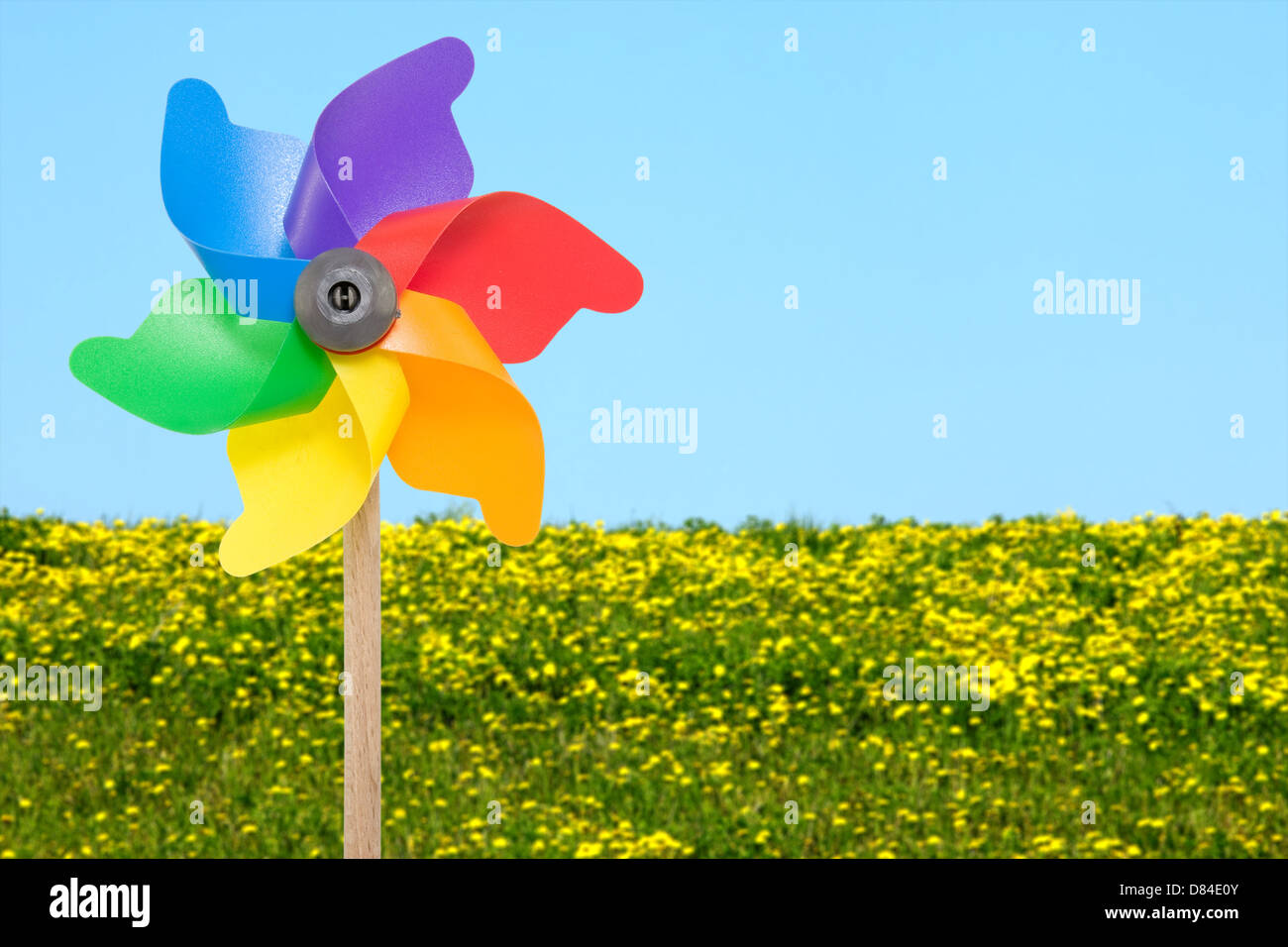 Colorful wind wheel in front of summer meadow background Stock Photo ...
