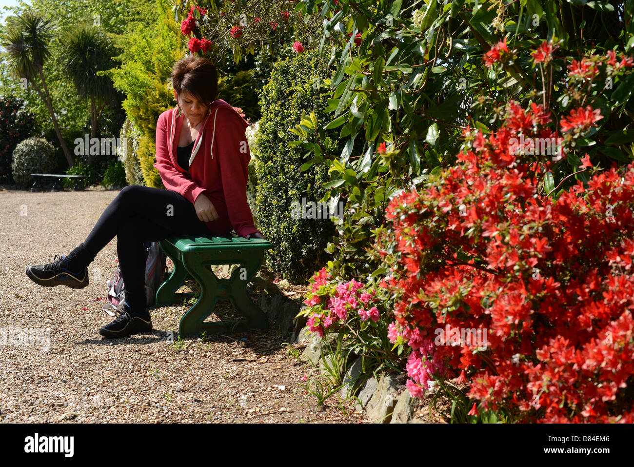 Woman sat on park bench Stock Photo - Alamy