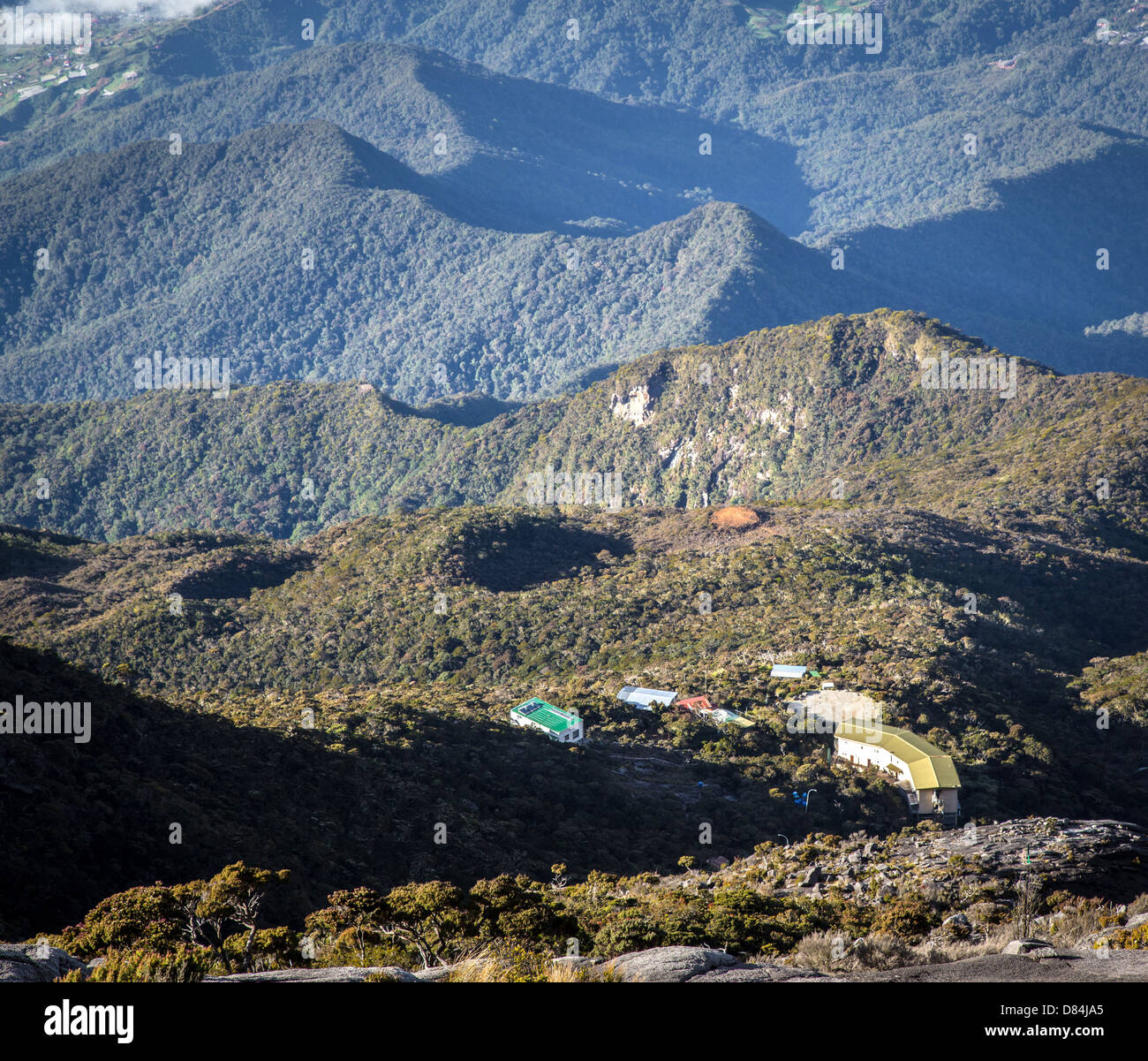 Laban Rata hostel seen from the lower summit area of Mount Kinabalu in ...