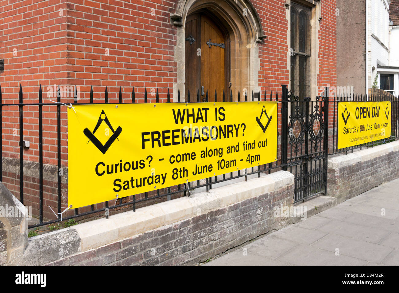 Banners outside a UK Freemasons Hall advertising an open day Stock ...