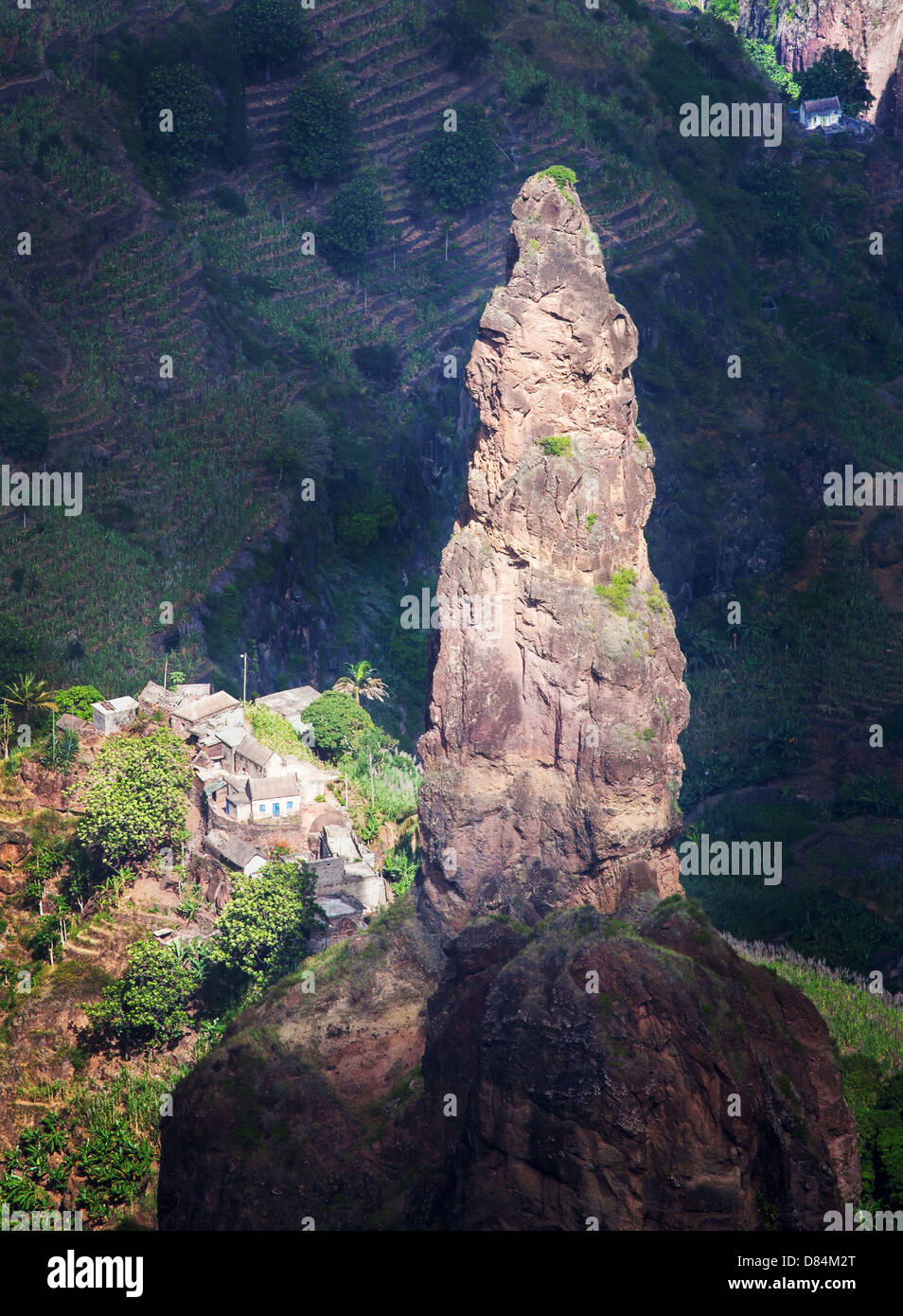 The pinnacle of Torre an ancient volcanic plug in the Ribiera de Torre ...