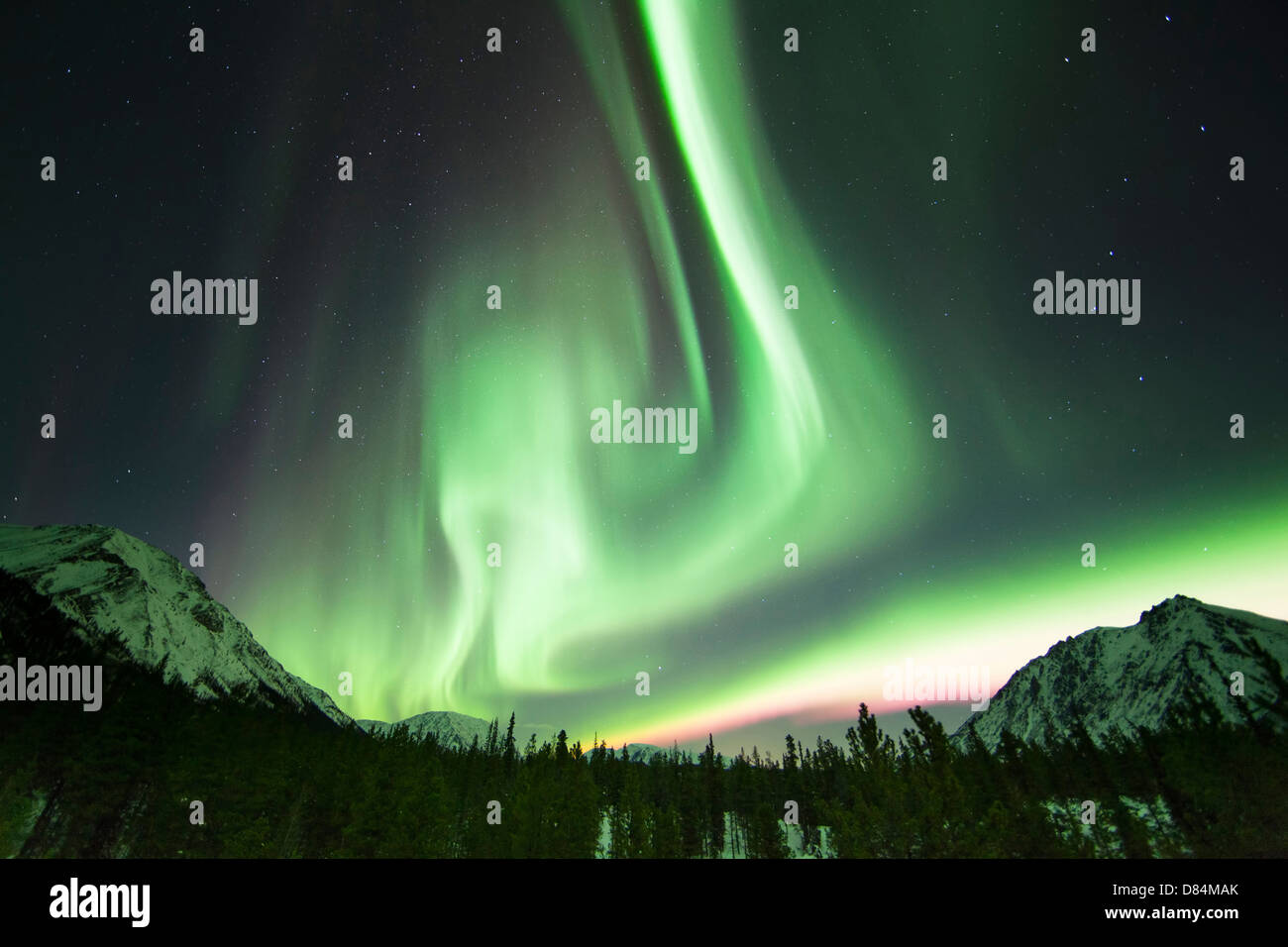 Bright aurora borealis, Annie Lake, Yukon Territory, Canada Stock Photo ...