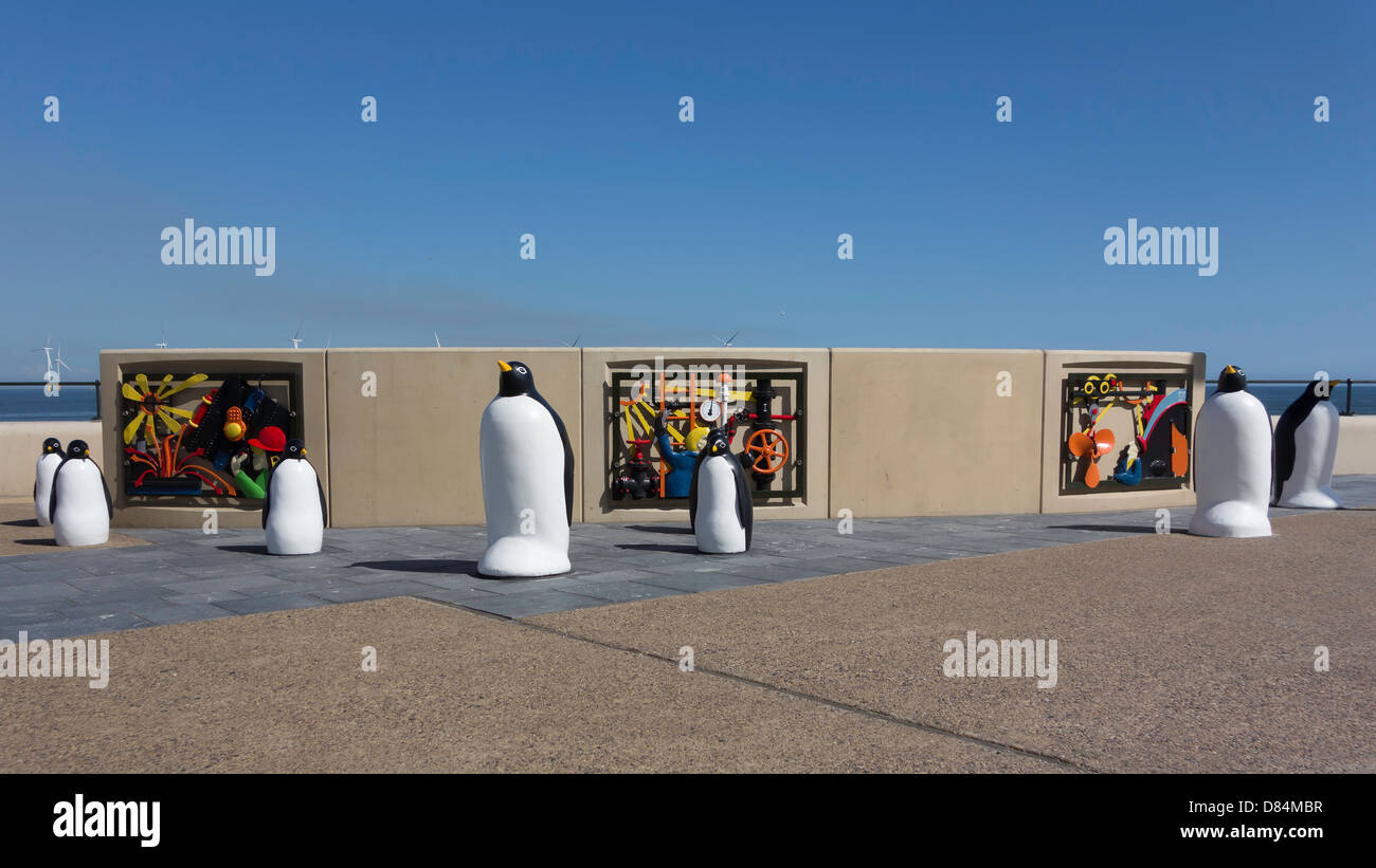 Ornamental statues of penguins on seaside promenade at Redcar Cleveland ...