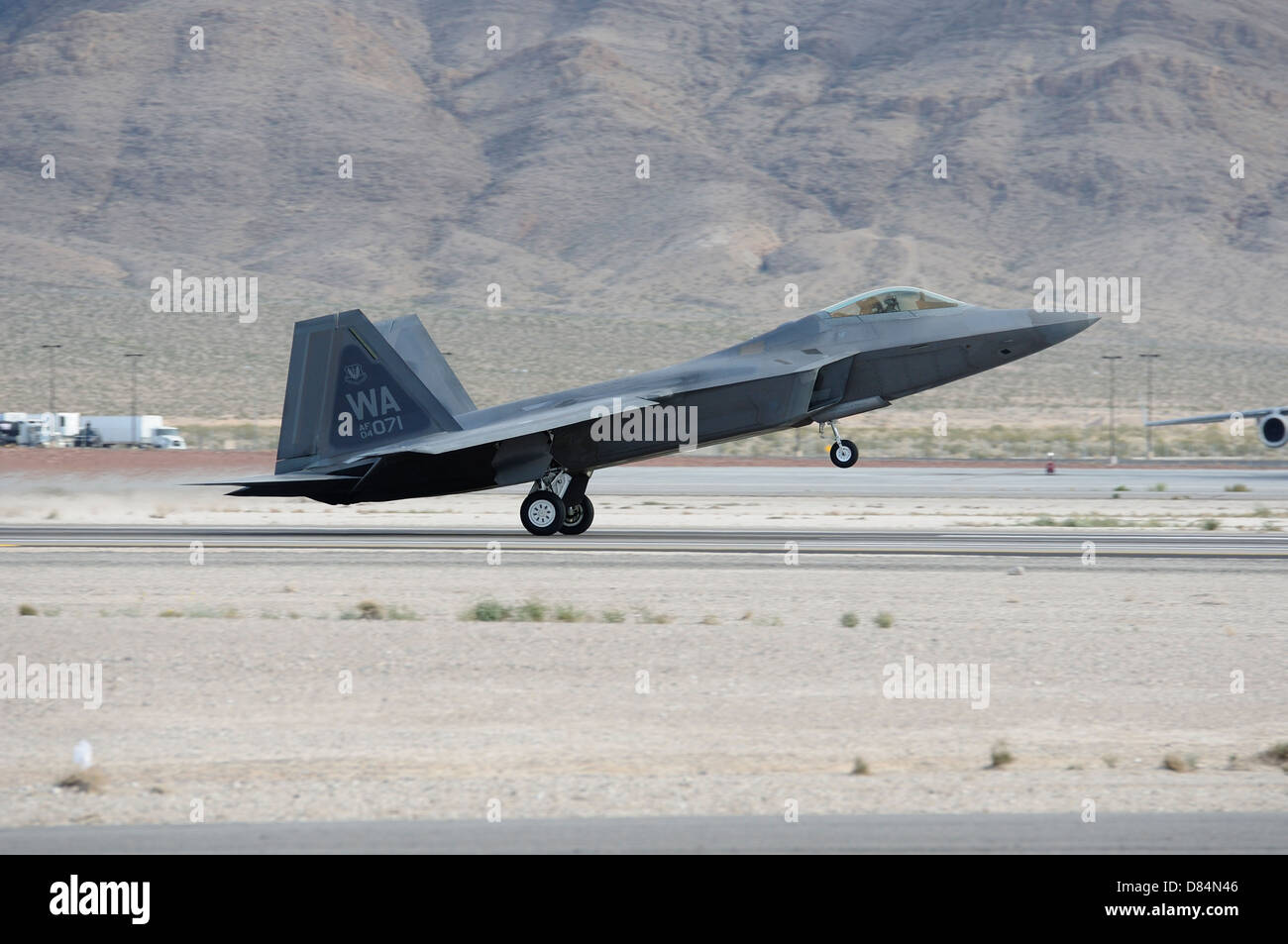 November 10, 2012 - An F-22 Raptor landing on the runway at Nellis Air ...