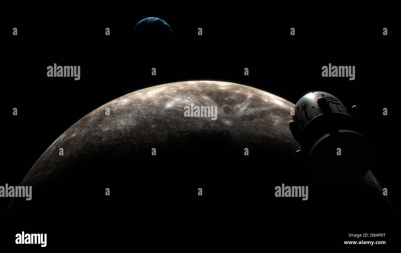 Orion-drive spacecraft in lunar orbit Stock Photo - Alamy