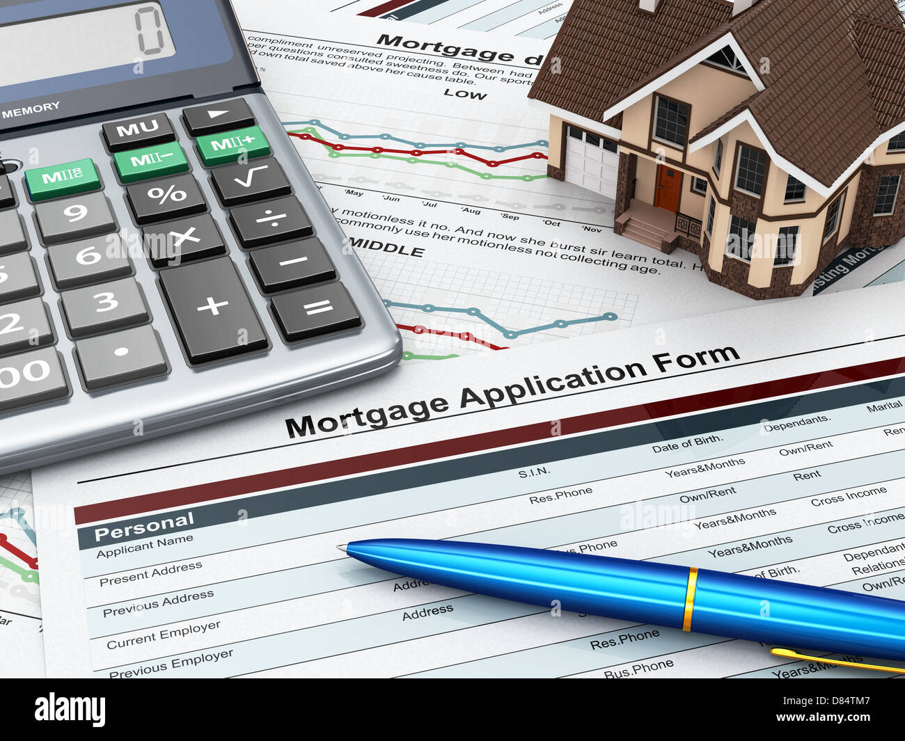 Mortgage application form with a calculator and house. 3d Stock Photo ...