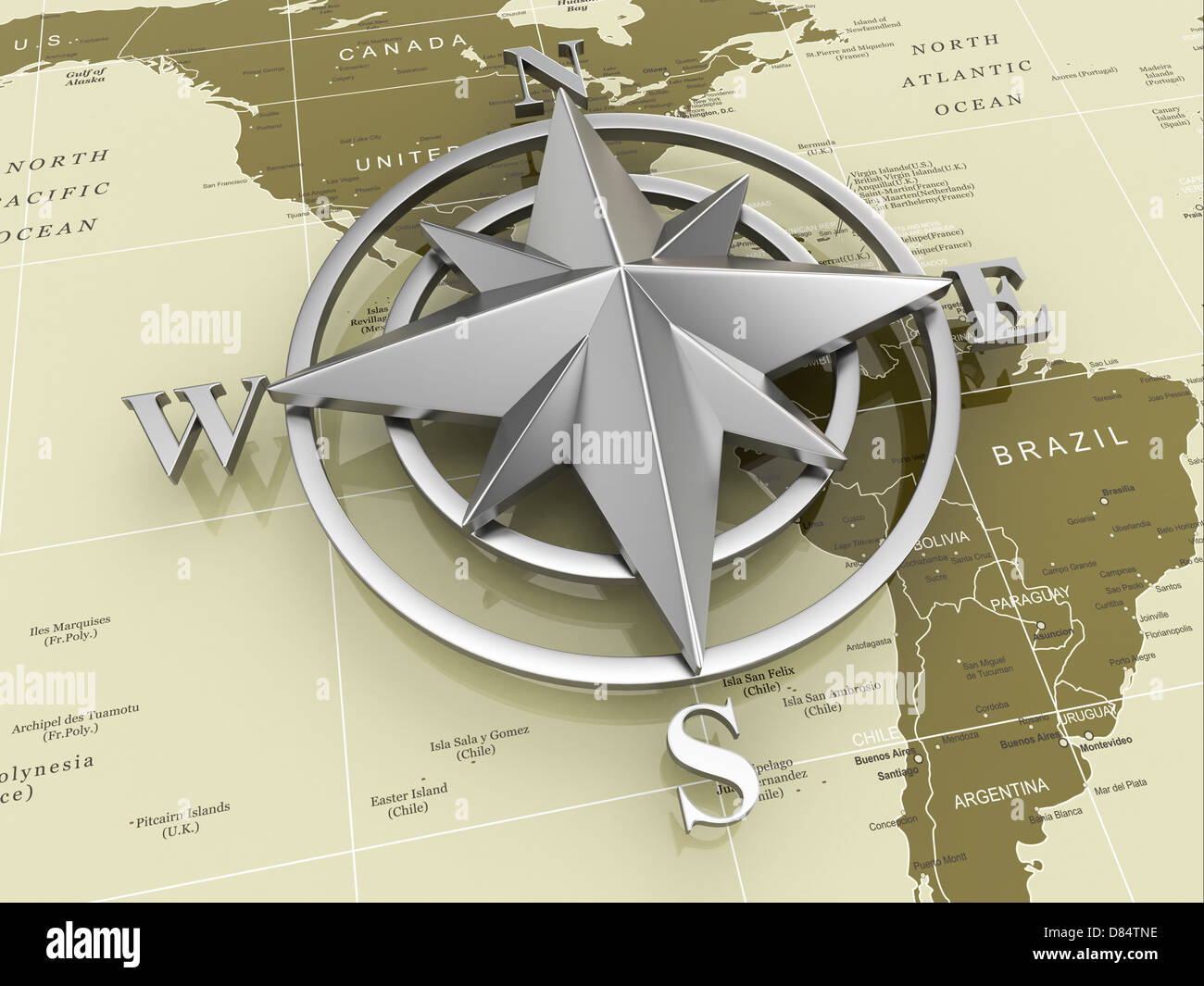Navigation sign or compass on political map. 3d Stock Photo - Alamy