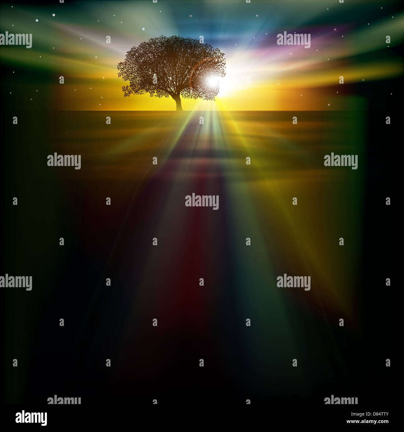 abstract Nature background with sunrise tree and stars Stock Photo - Alamy