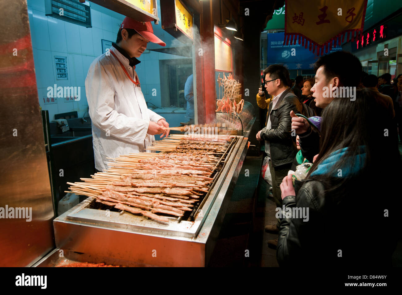 Chuanr - small pieces of roasted meat on food stall at Wangfujing Snack ...