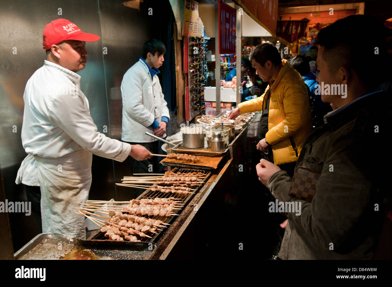 Chuanr - small pieces of roasted meat on food stall at Wangfujing Snack ...