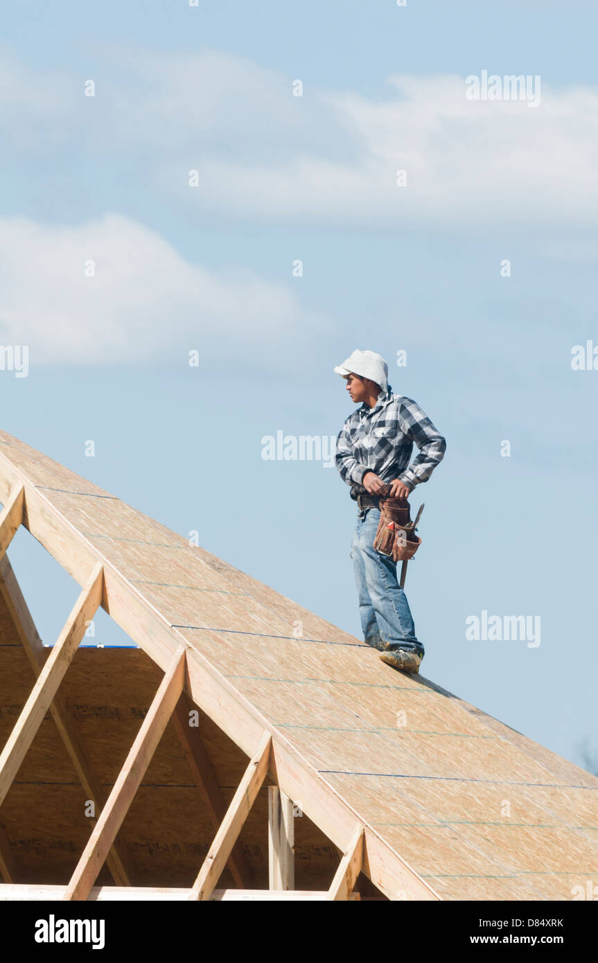 Construction worker standing on the roof of new house Stock Photo - Alamy