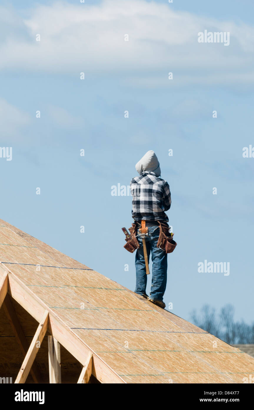 Construction worker standing on the roof of new house Stock Photo - Alamy