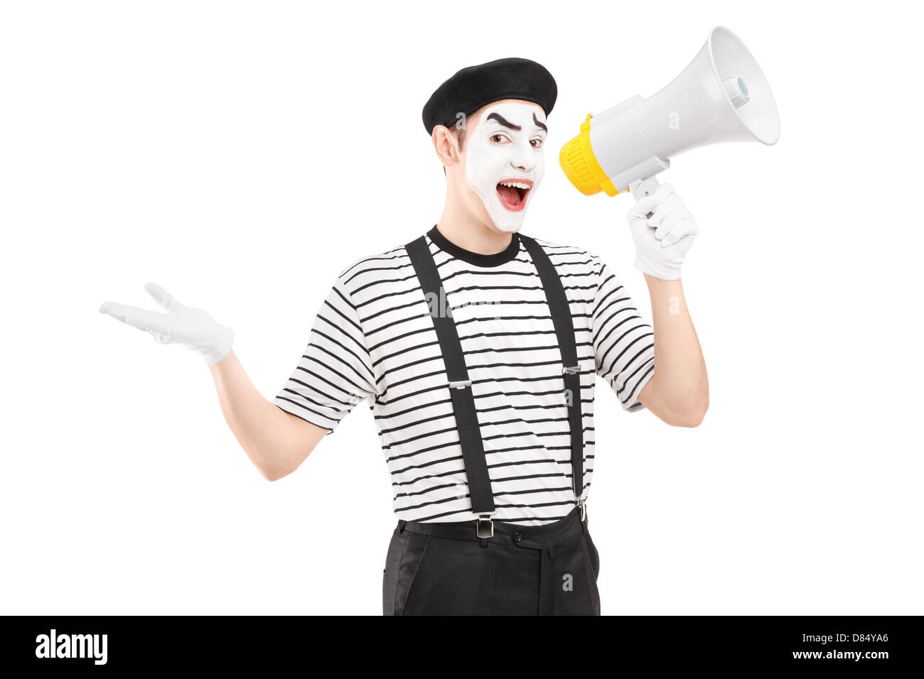 Male mime artist speaking at loudspeaker and looking at camera isolated ...