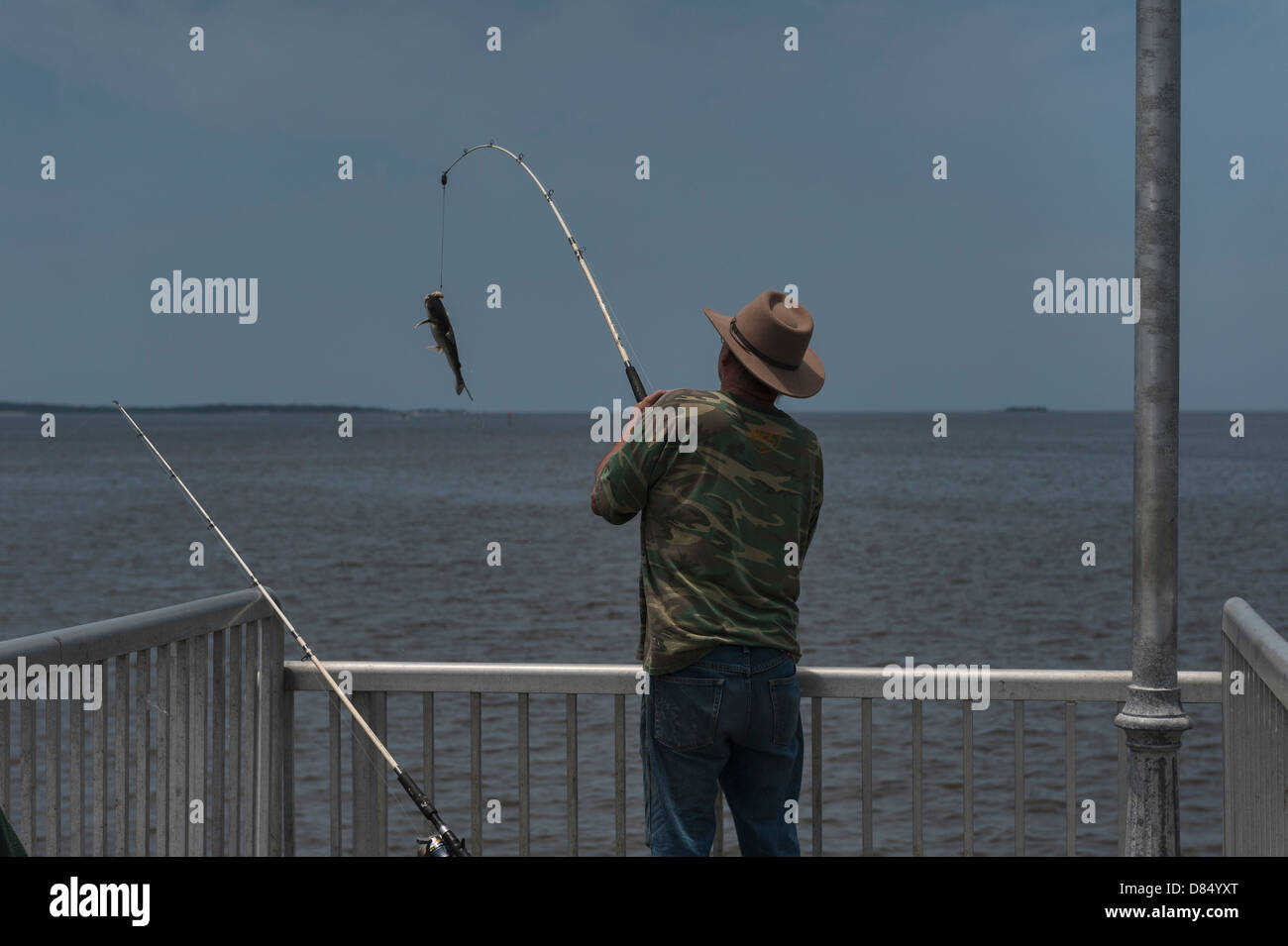A man reeling in a fish on the public pier at Cedar Key Florida on the ...
