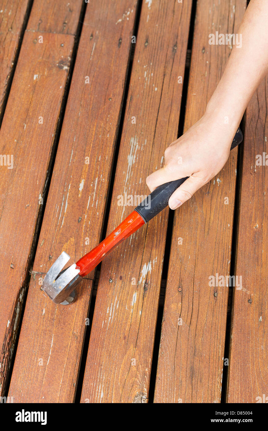 Vertical photo of female hand holding hammer to adjust the boards, on a ...