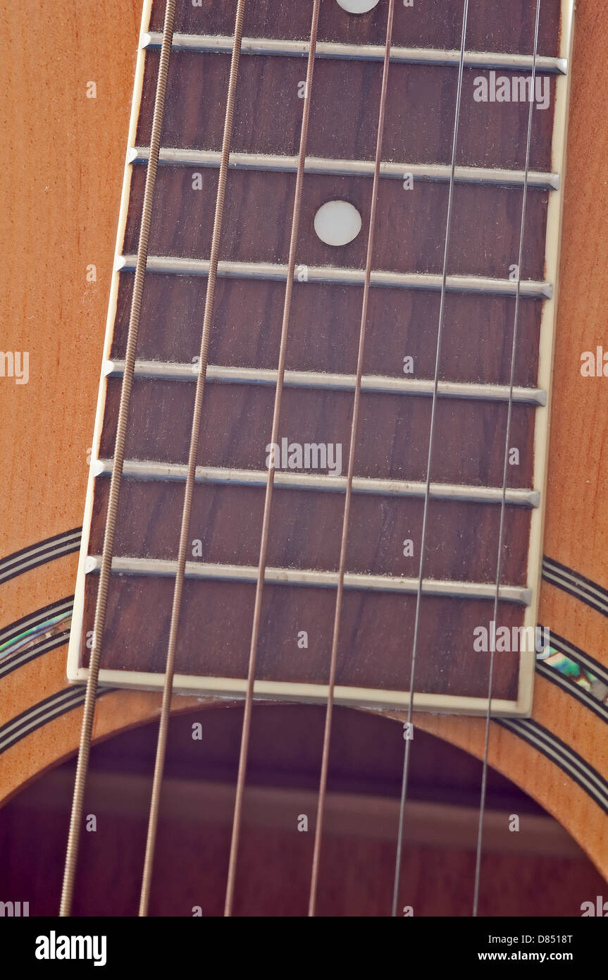 This is a closeup of a guitar where the neck starts to meet the body at ...