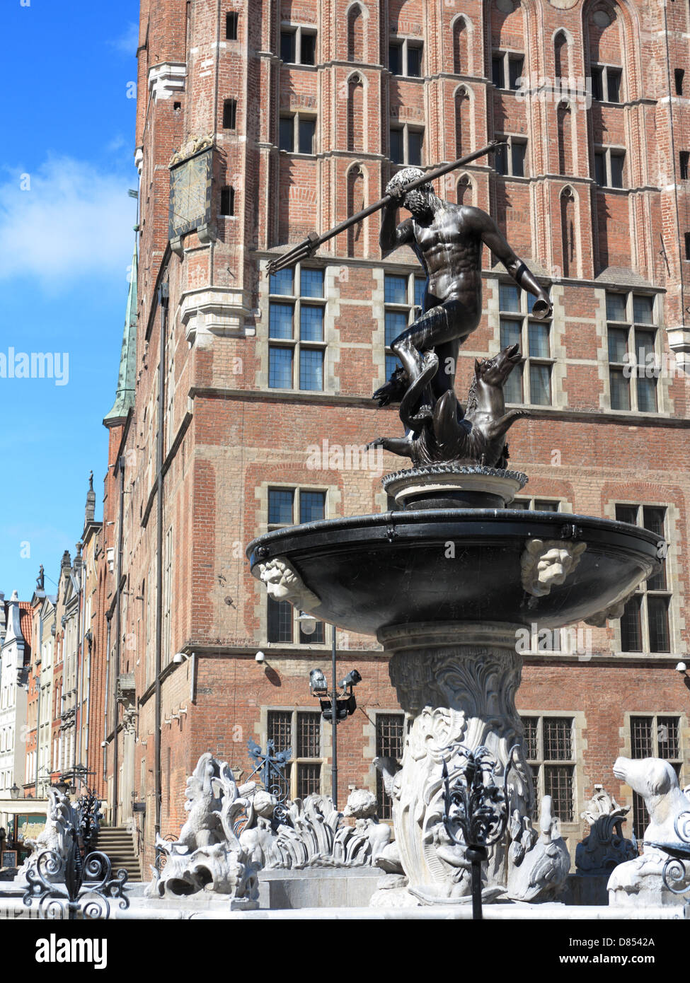 Neptune Fountain and the Main Town Hall in city Gdansk - Poland Stock ...