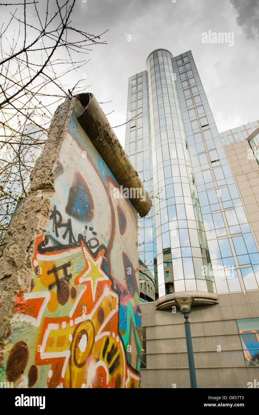 A piece of the Berlin Wall outside the European Parliament building in ...