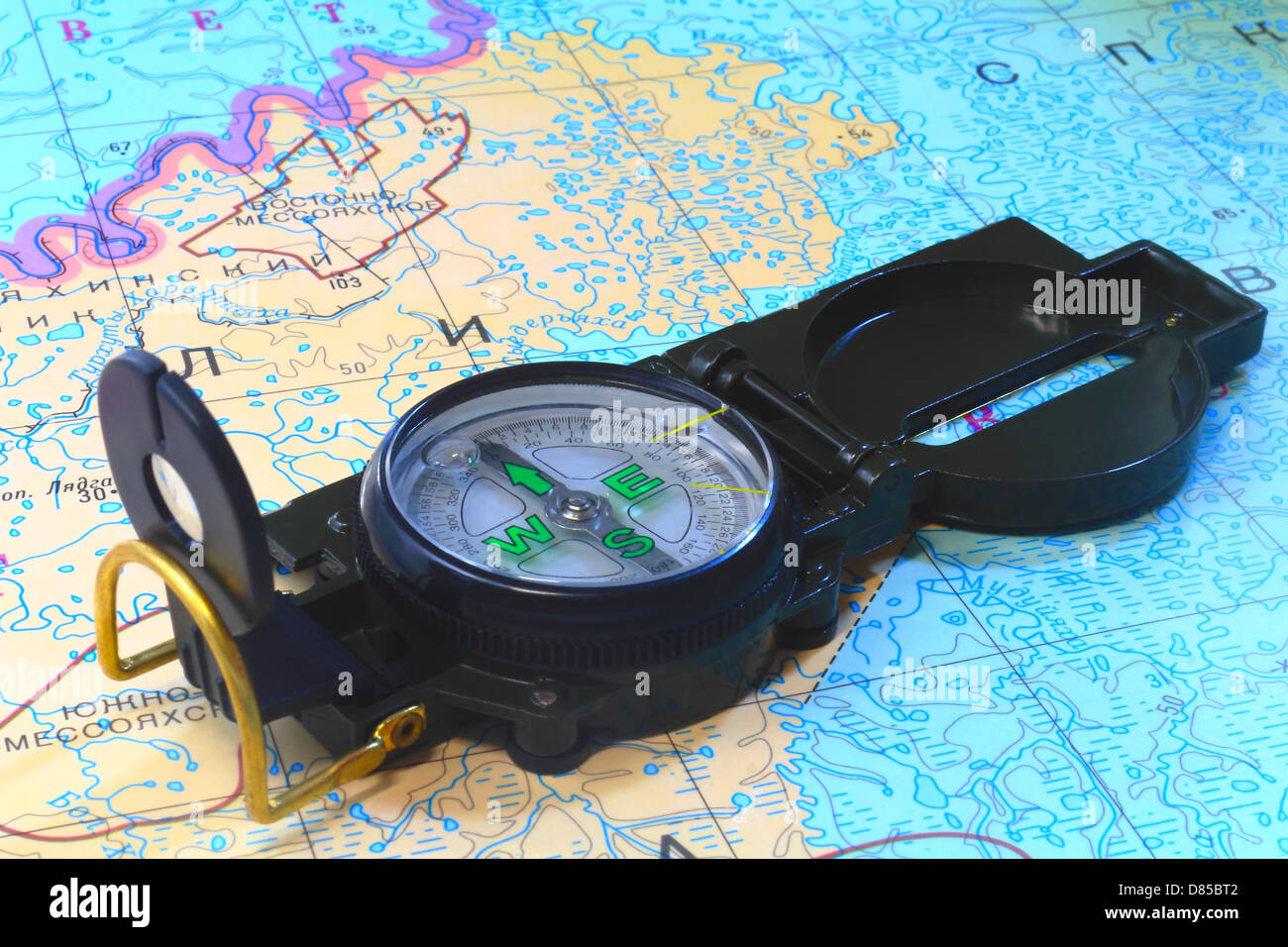 Compass dark color is located on the map of the North of Russia, there ...