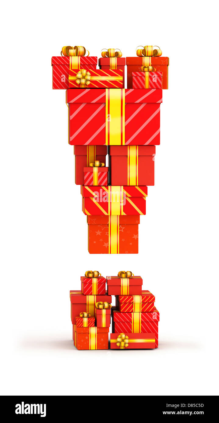 Exclamation mark from gift boxes decorated with yellow ribbons Stock ...