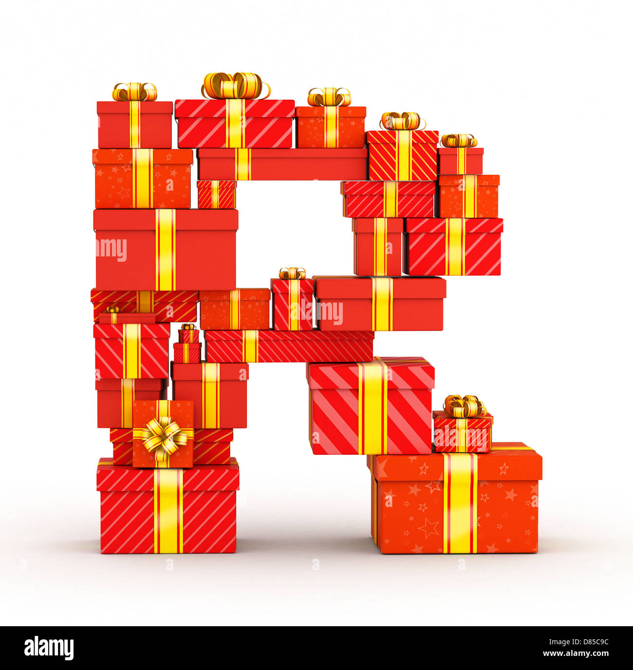 Letter from gift boxes decorated with yellow ribbons Stock Photo - Alamy