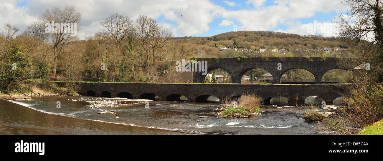Aberdulais aquaduct, railway viaduct and barely visible road bridge ...