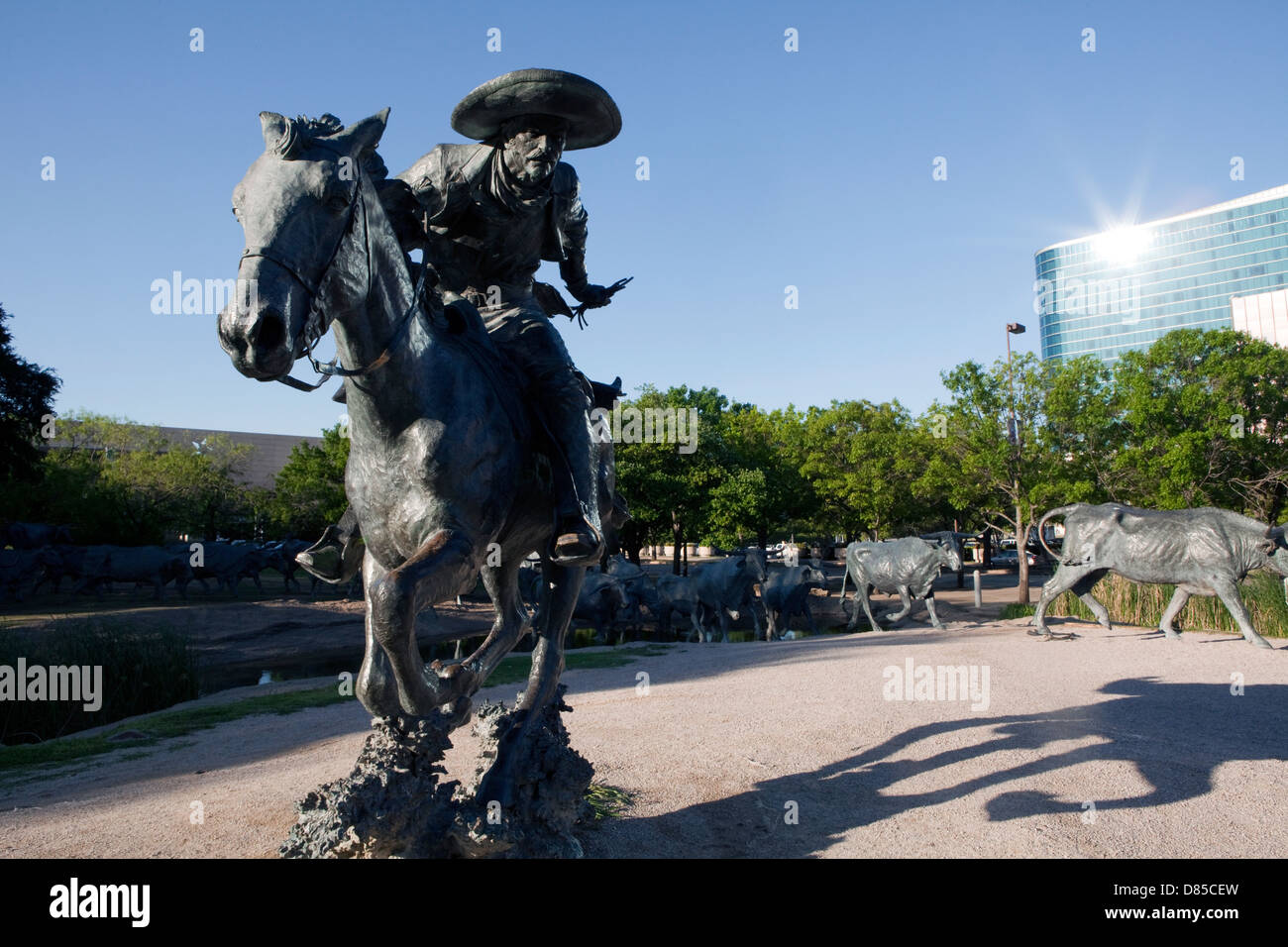 A view of the Pioneer Plaza Cattle Drive sculpture in Dallas, Texas ...