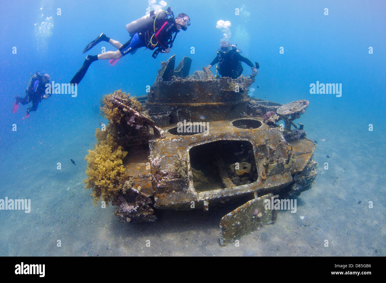 Divers at a sunken tank off the cost of Aqaba, Red Sea Jordan Stock ...