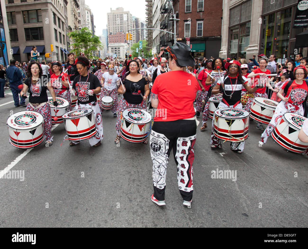 New York, USA. 18th May, 2013. Members of BatalaNYC-AfroBrazilian Samba ...