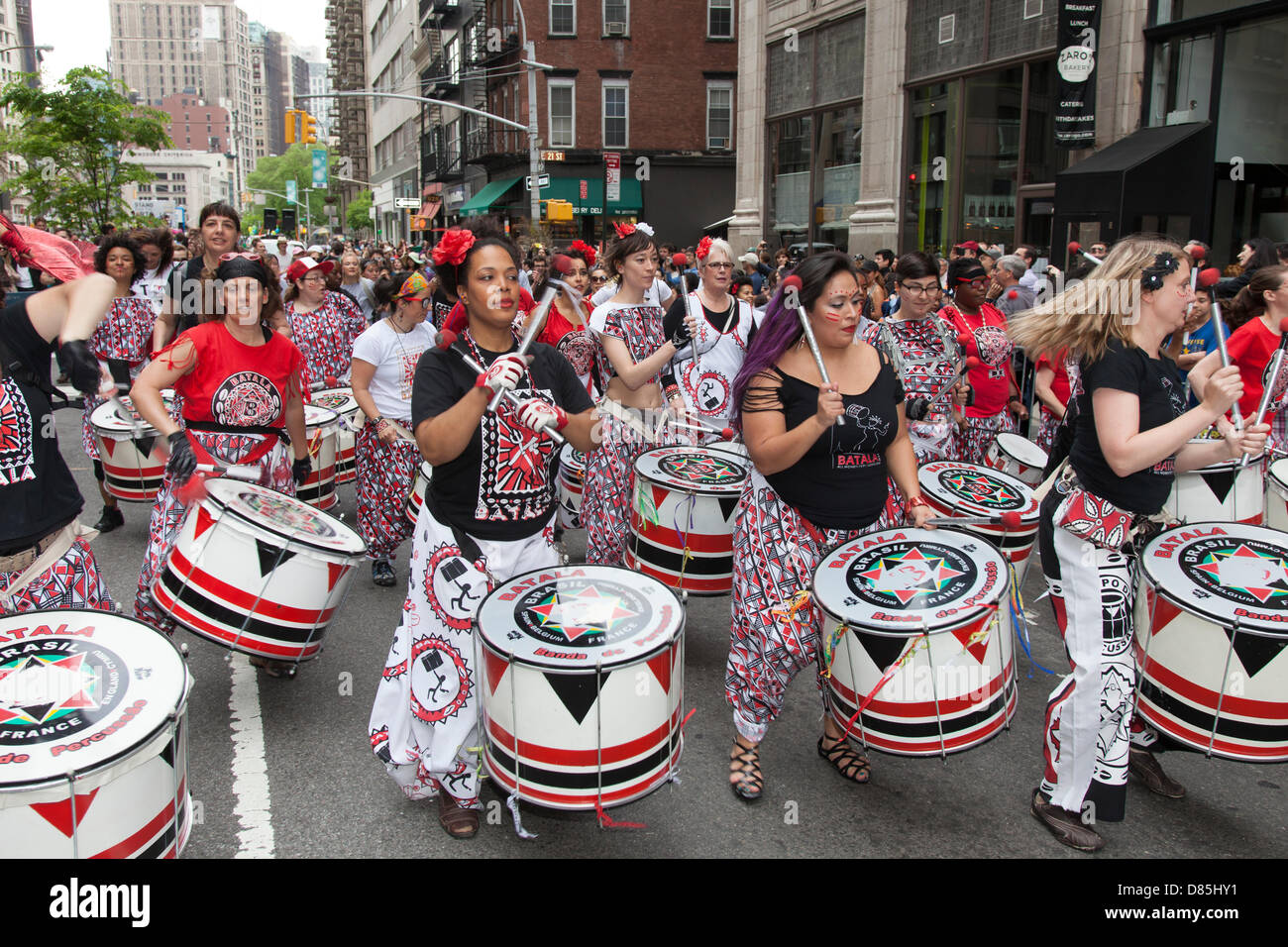 New York, USA. 18th May, 2013. Members of BatalaNYC-AfroBrazilian Samba ...