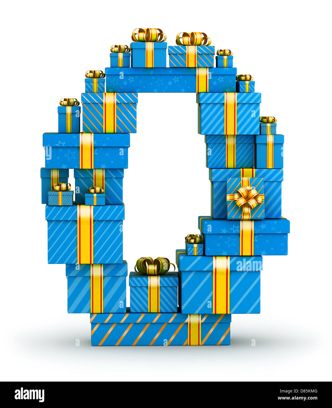 Number 0 from blue gift boxes decorated with yellow ribbons Stock Photo ...