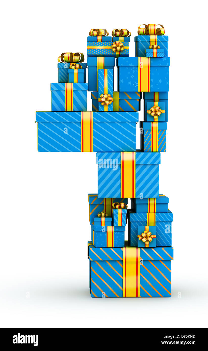 Number 1 from blue gift boxes decorated with yellow ribbons Stock Photo ...