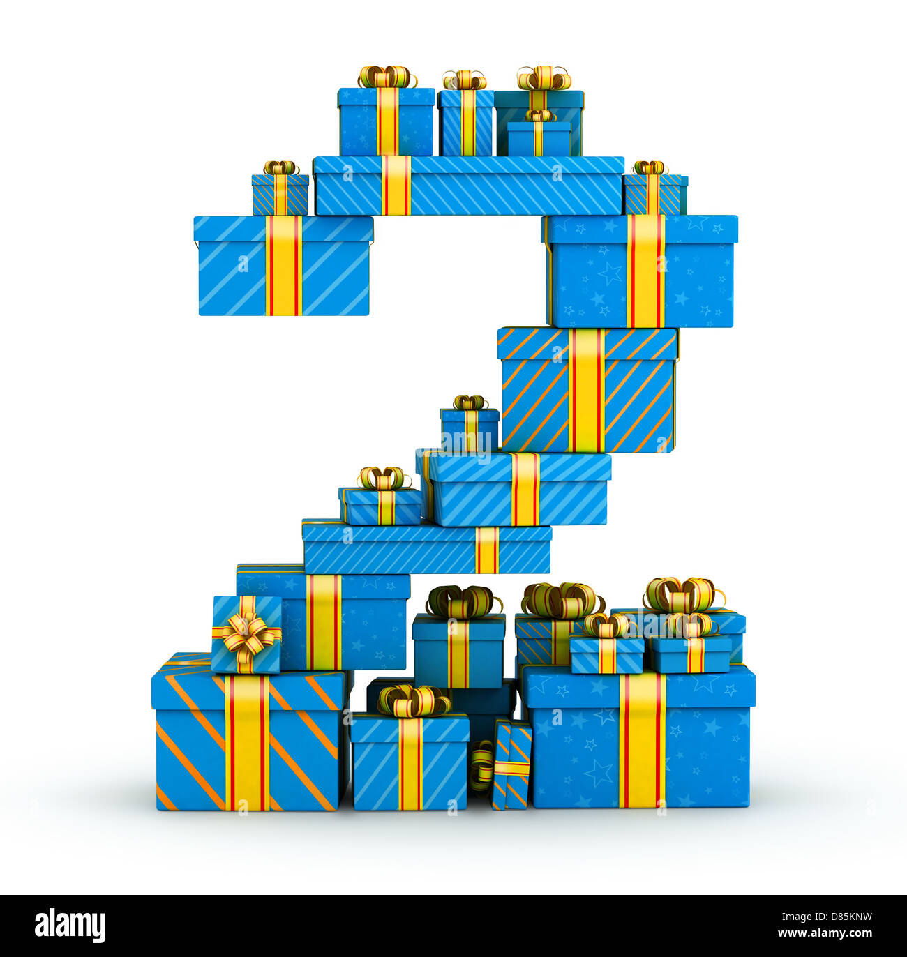 Number 2 from blue gift boxes decorated with yellow ribbons Stock Photo ...
