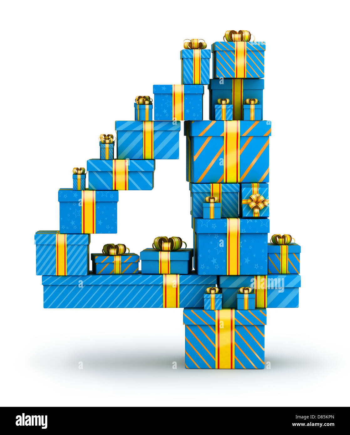 Number 4 from blue gift boxes decorated with yellow ribbons Stock Photo ...