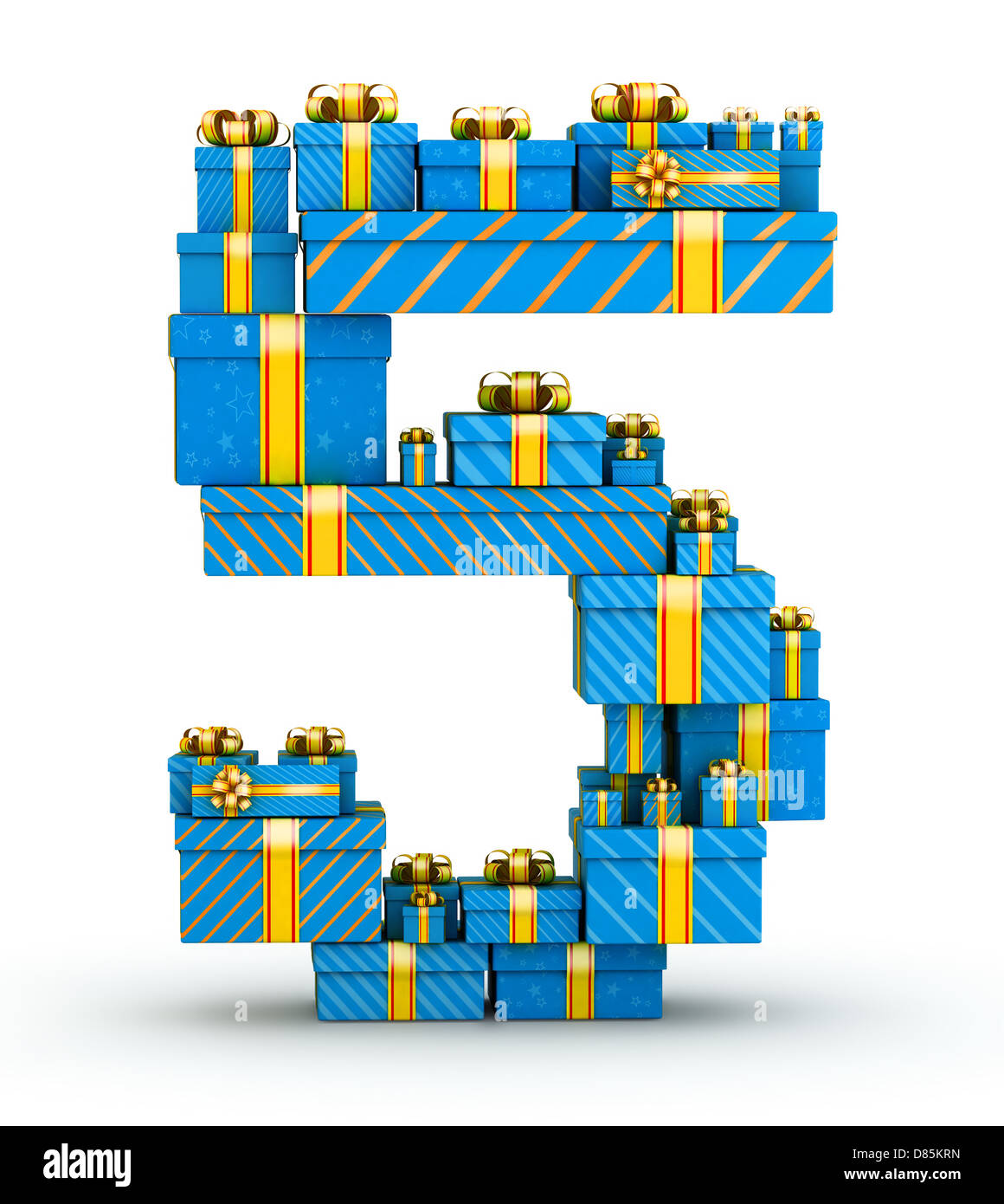 Number 5 from blue gift boxes decorated with yellow ribbons Stock Photo ...