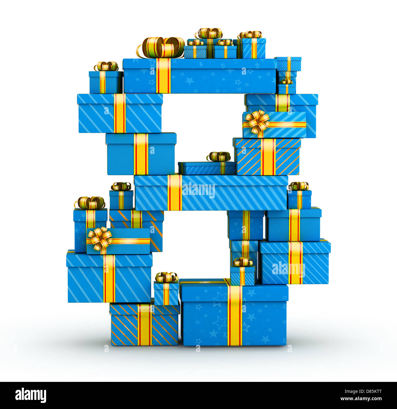 Number 8 from blue gift boxes decorated with yellow ribbons Stock Photo ...