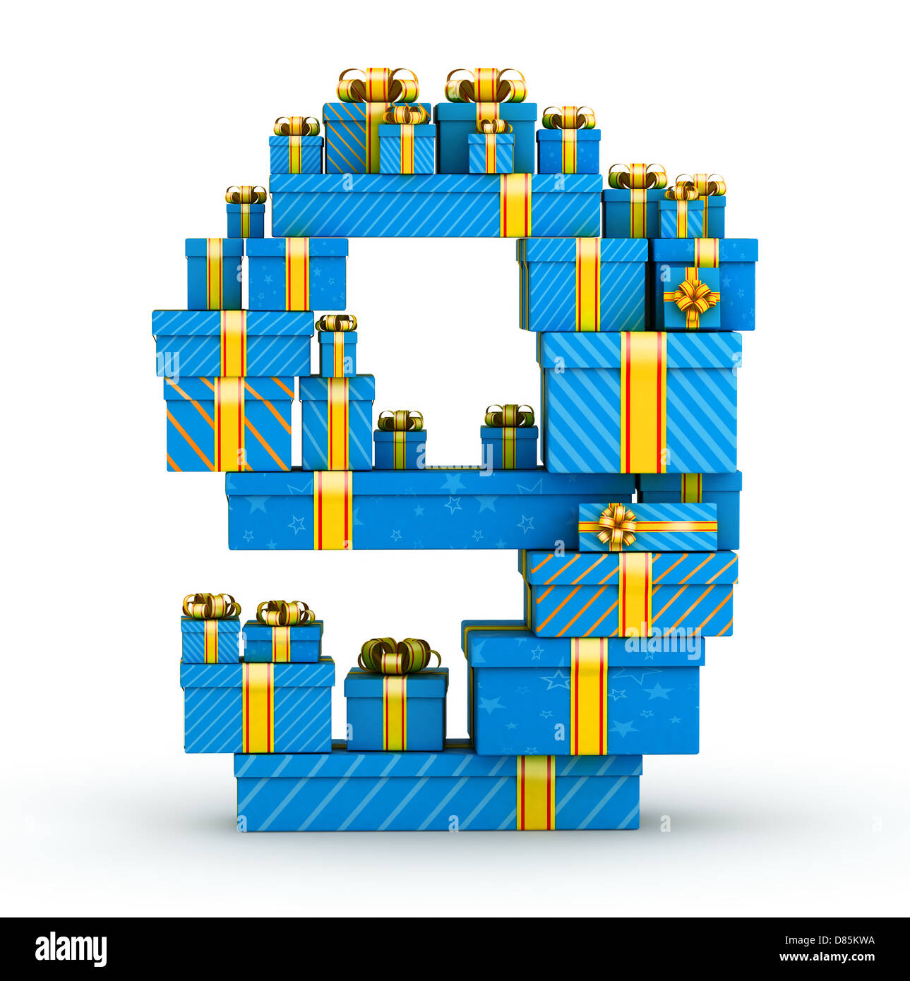 Number 9 from blue gift boxes decorated with yellow ribbons Stock Photo ...