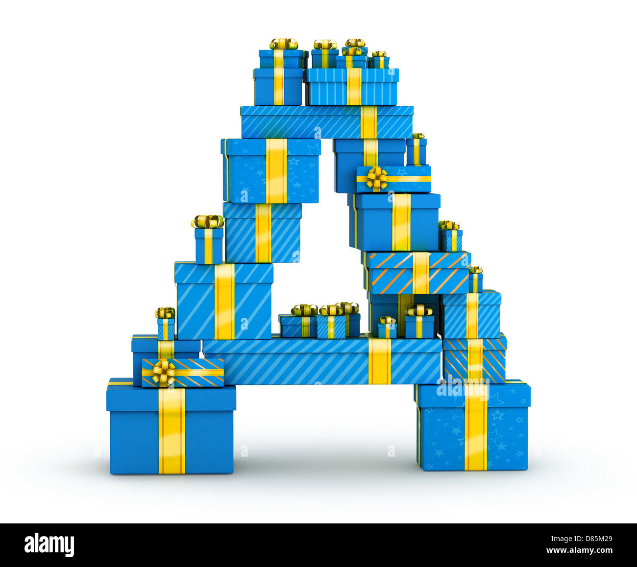 Letter A from gift boxes decorated with yellow ribbons Stock Photo - Alamy