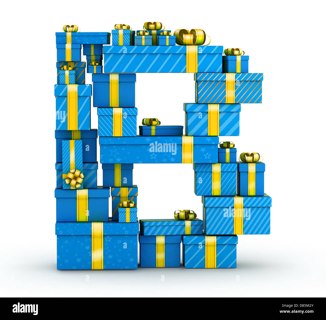 Letter B from blue gift boxes decorated with yellow ribbons Stock Photo ...
