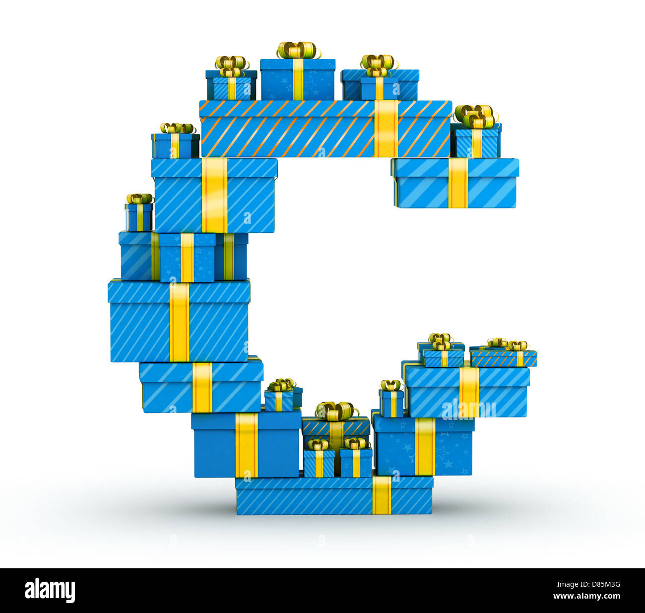 Letter C from blue gift boxes decorated with yellow ribbons Stock Photo ...