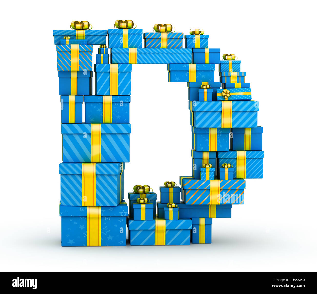Letter D from blue gift boxes decorated with yellow ribbons Stock Photo ...