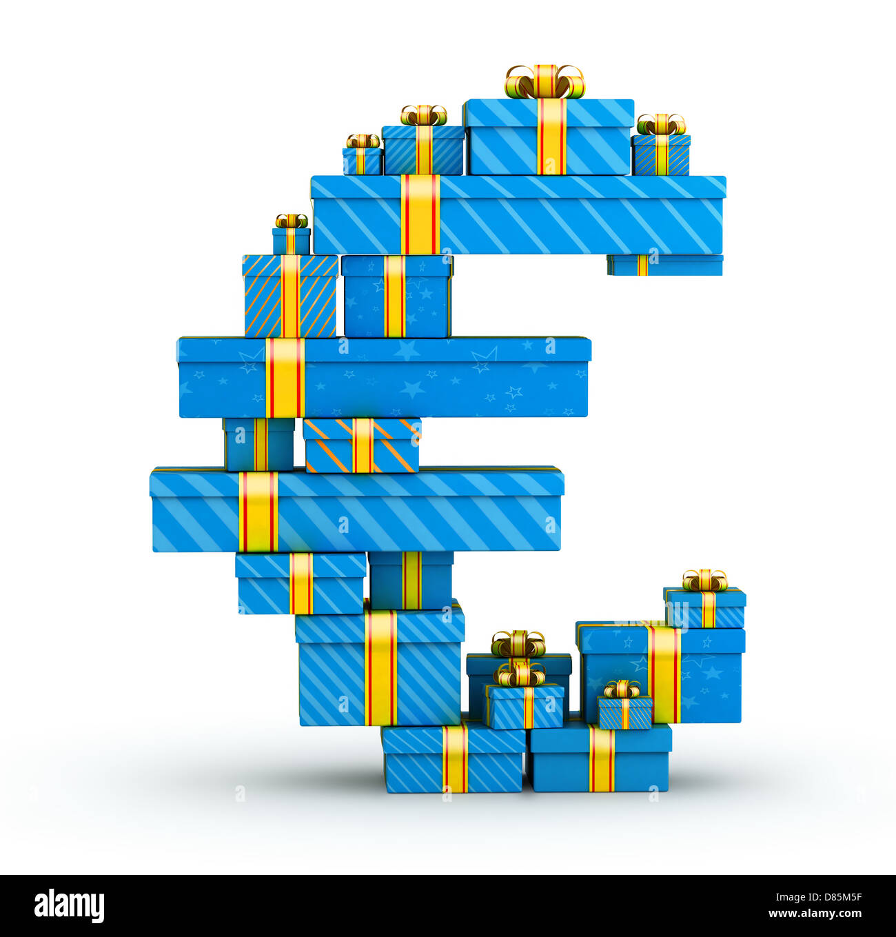 Euro sign from blue gift boxes decorated with yellow ribbons Stock ...