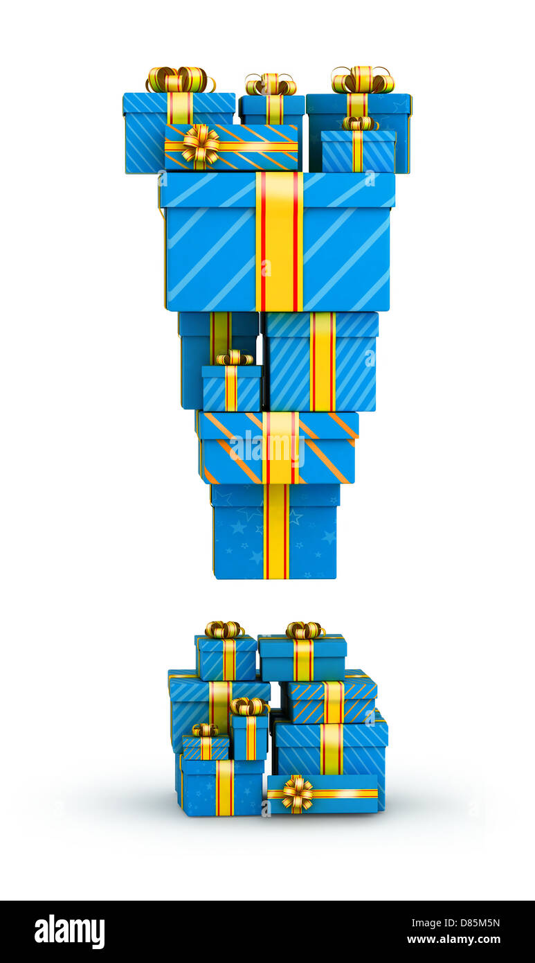 Exclamation mark from blue gift boxes decorated with yellow ribbons ...