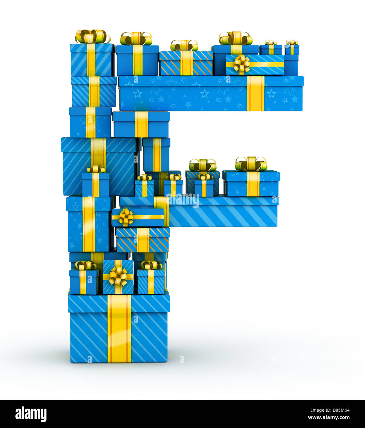 Letter F from blue gift boxes decorated with yellow ribbons Stock Photo ...