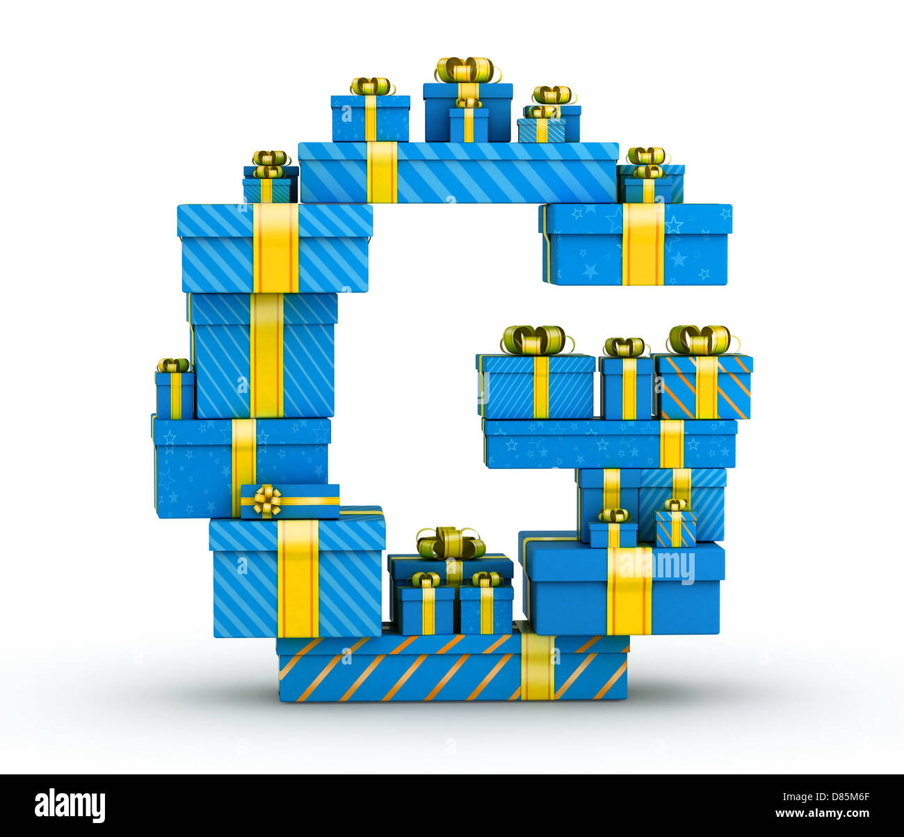 Letter G from blue gift boxes decorated with yellow ribbons Stock Photo ...