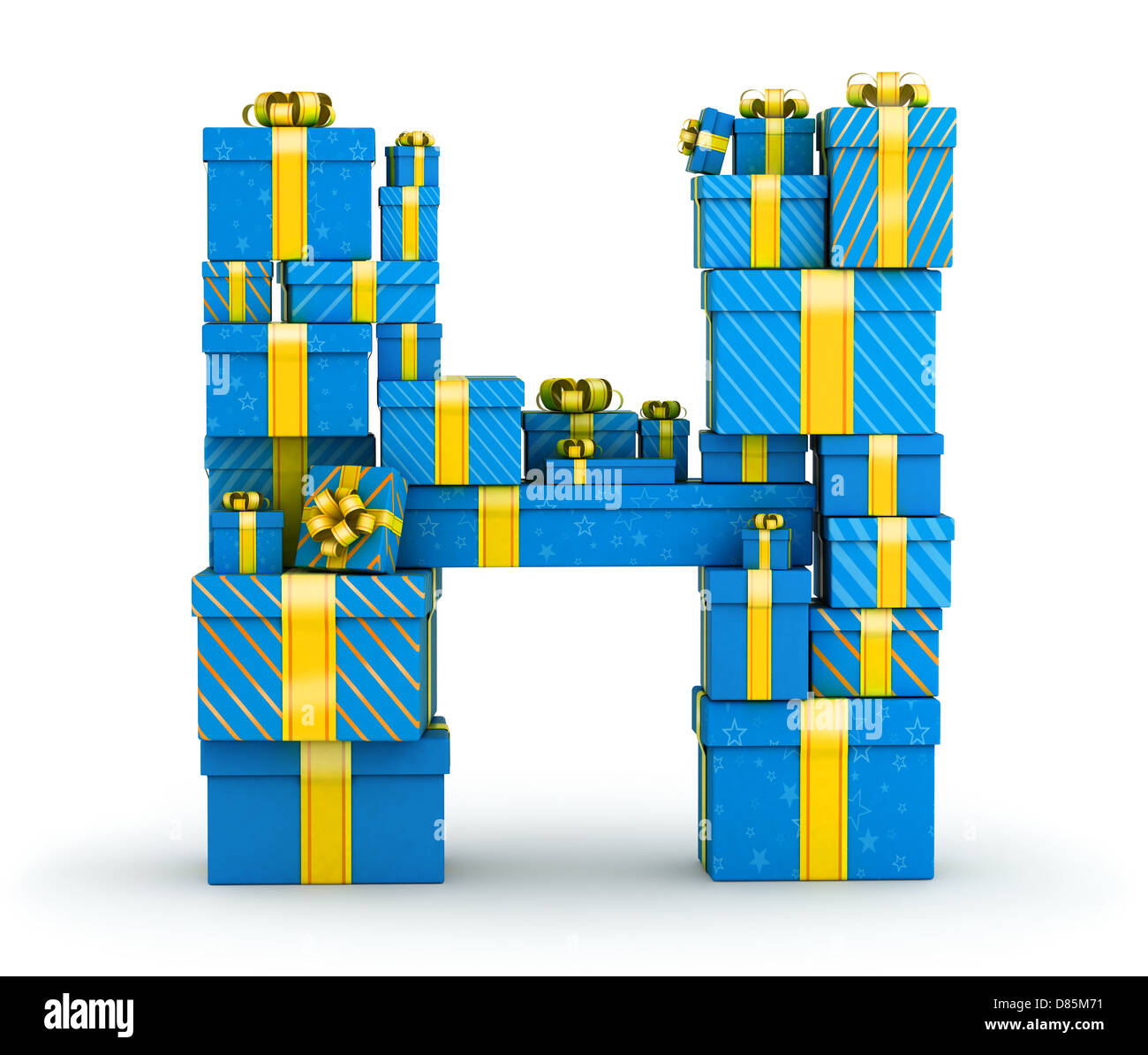 Letter H from blue gift boxes decorated with yellow ribbons Stock Photo ...