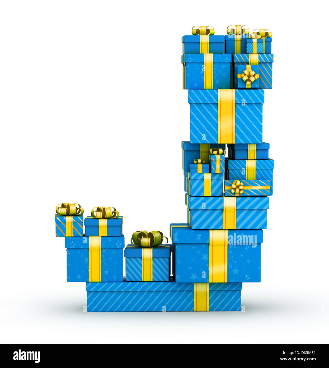 Letter J from blue gift boxes decorated with yellow ribbons Stock Photo ...