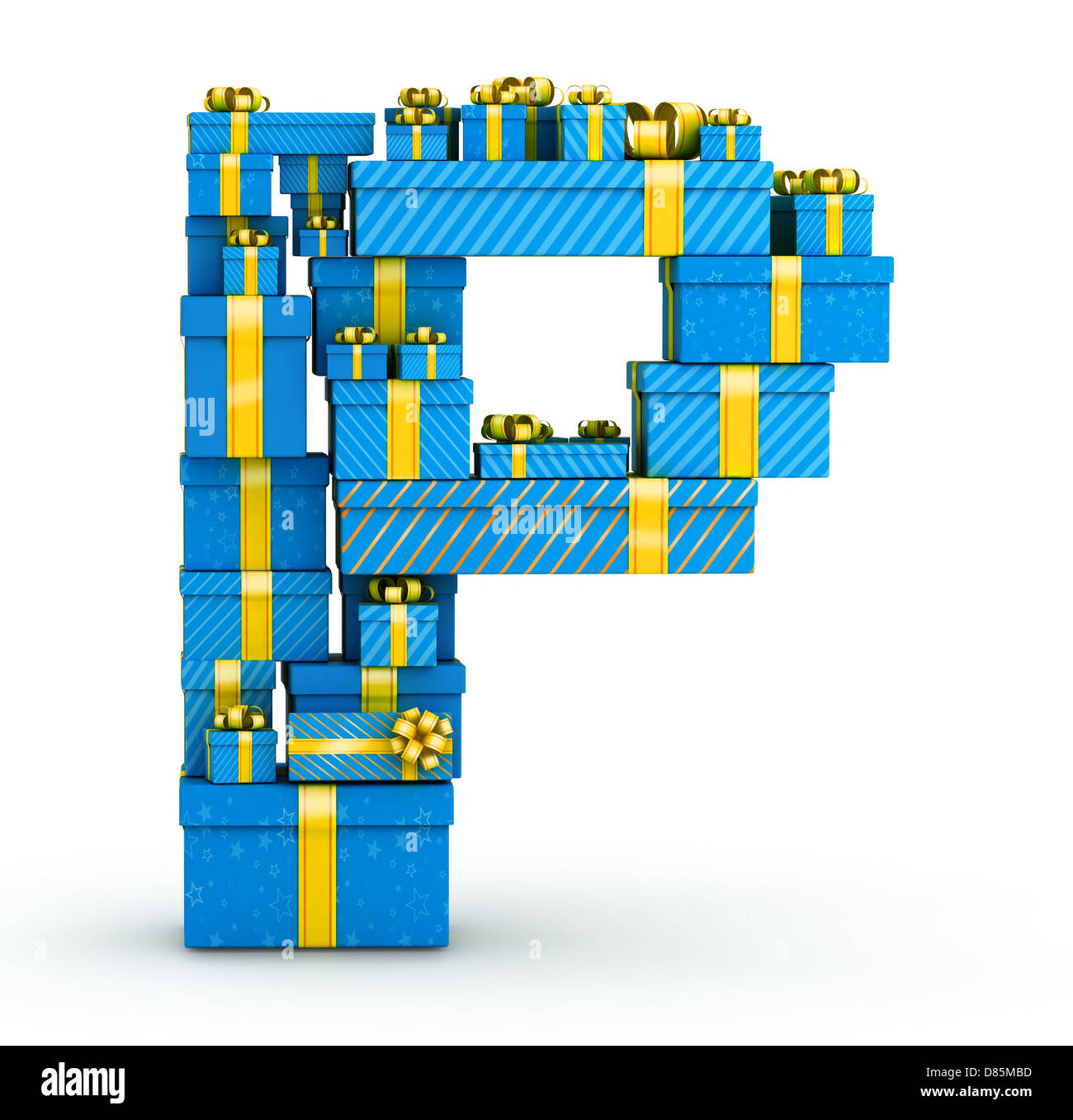 Letter P from blue gift boxes decorated with yellow ribbons Stock Photo ...
